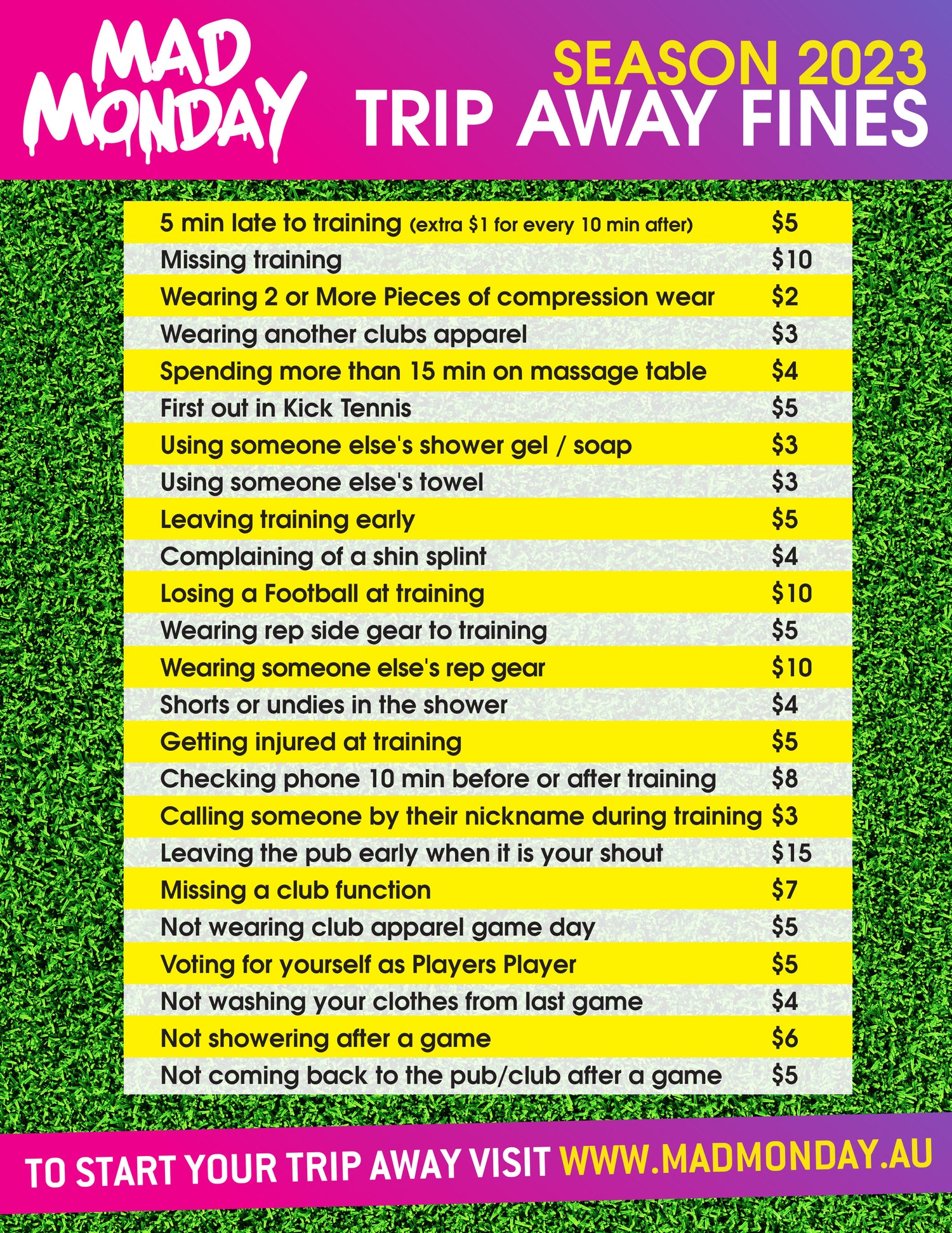 Mad Monday Footy Trip Fines - Mad Monday
